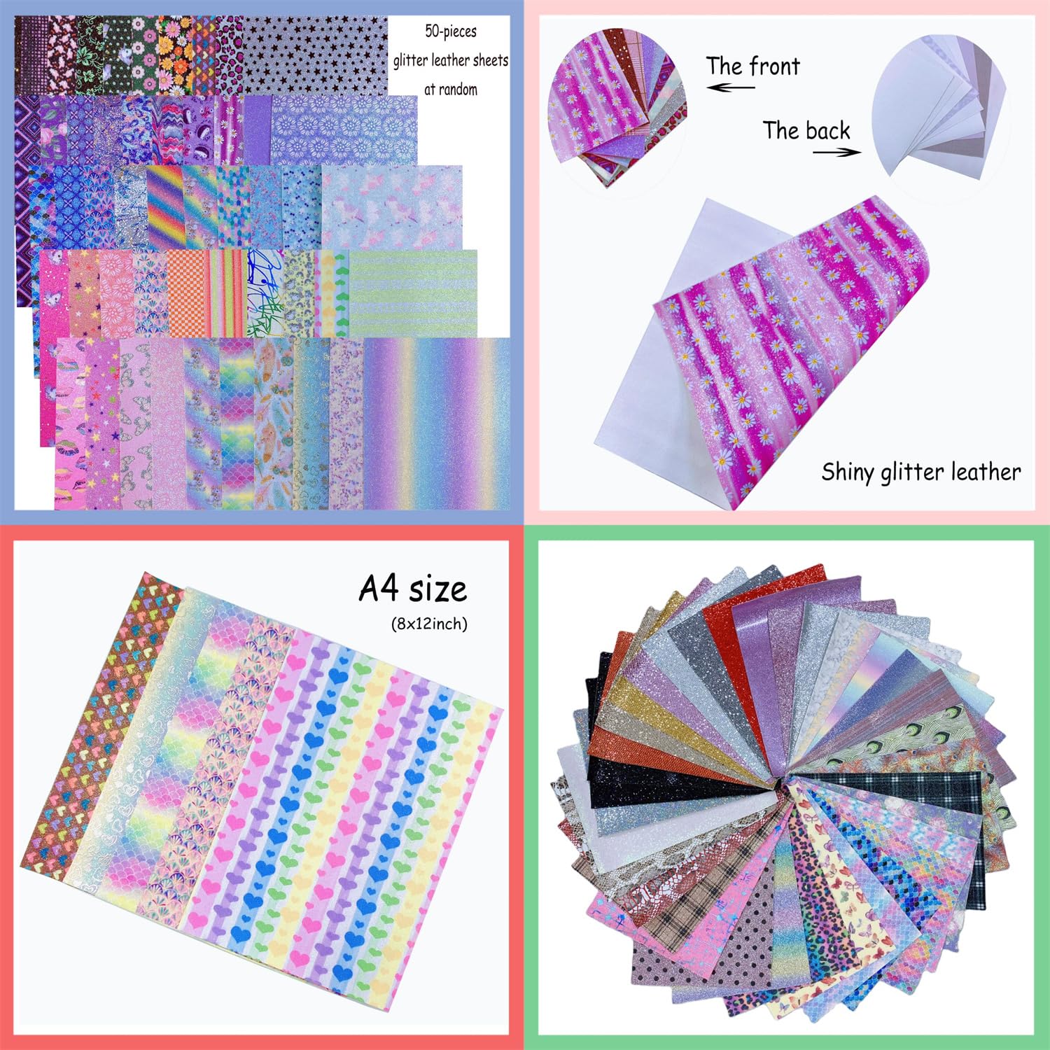 Shalun 50pcs/Pack A4 Random Printed Fine Glitter Faux Leather Sheets for Sewing Cricut Starter 8x12inch