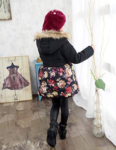 SS&CC Girls' Long Flower Printing Bowknot Winter Hooded Down Jacket 10-12 Years