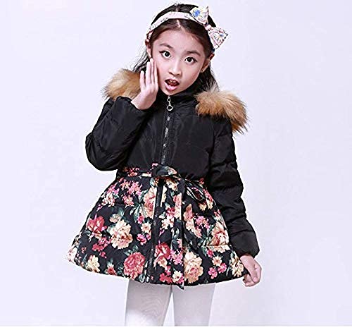SS&CC Girls' Long Flower Printing Bowknot Winter Hooded Down Jacket 10-12 Years