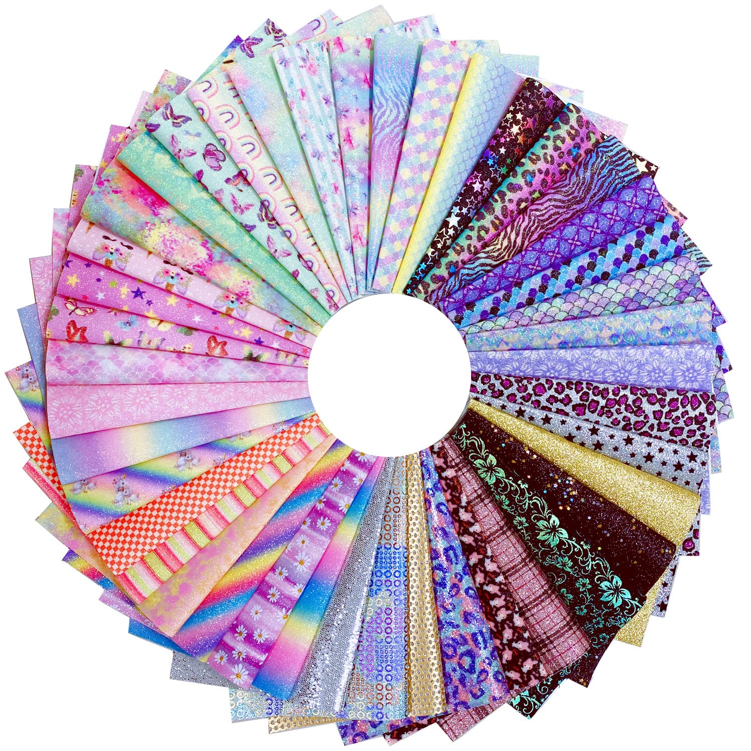 Shalun 50pcs/Pack A4 Random Printed Fine Glitter Faux Leather Sheets for Sewing Cricut Starter 8x12inch