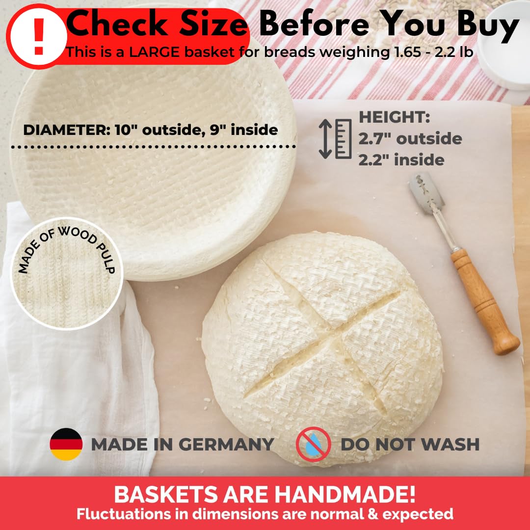 Bulka Large Round 9" 1kg Waffle Banneton Bread Proofing Basket Pressed Wood Pulp, Sourdough Proofing Basket - Non-Stick Brotform Sourdough Bread Baking Supplies, Made in Germany.