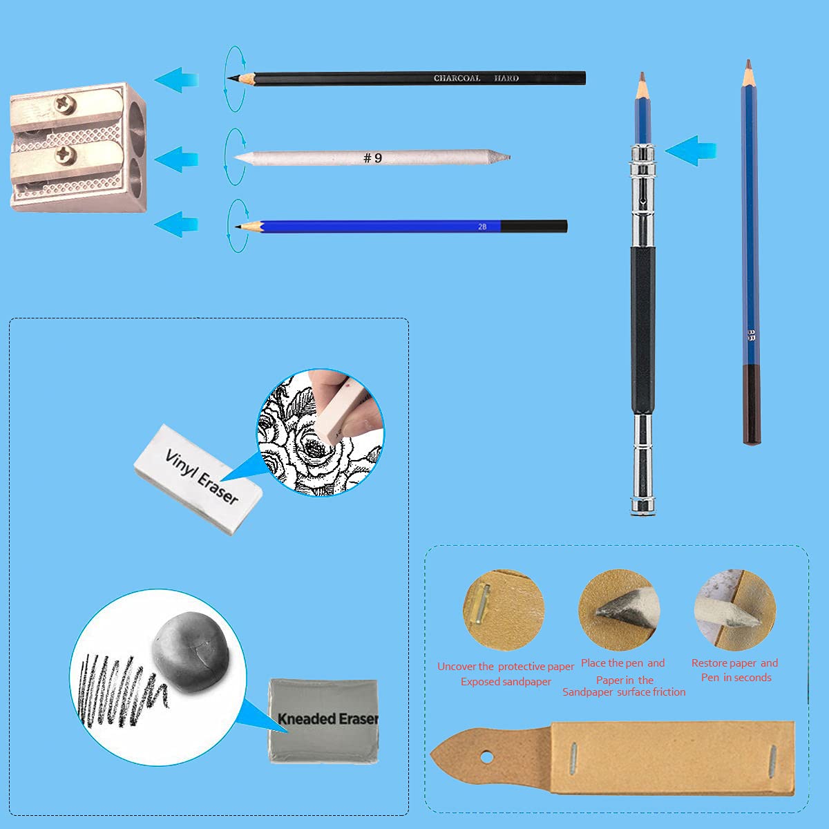 ELEAZAR35 Drawing Pencil Set in a portable zippered case (with 50-page A5 sketchbook) Includes sketching pencils and accessories for children, adults, beginners and professionals
