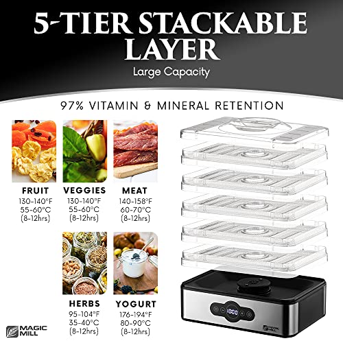 Magic Mill Food Dehydrator Machine | 5 Stackable Stainless Steel Trays Jerky Dryer with Digital Adjustable Timer and Temperature Control - Electric Food Preserver Machine with Powerful Drying Capacity for Fruits, Veggies, Meats & Dog Treats (5 Stainless S
