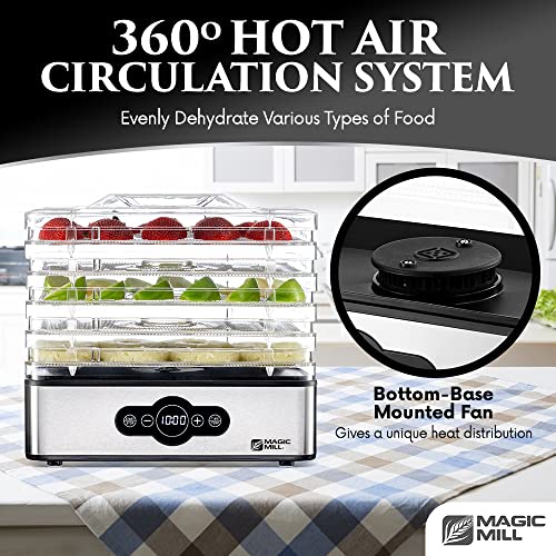 Magic Mill Food Dehydrator Machine | 5 Stackable Stainless Steel Trays Jerky Dryer with Digital Adjustable Timer and Temperature Control - Electric Food Preserver Machine with Powerful Drying Capacity for Fruits, Veggies, Meats & Dog Treats (5 Stainless S