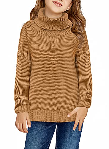 Dokotoo Girls Winter Warm Cute Turtleneck Long Sleeve Sweaters Comfy Chunky Knit Solid Color Pullover Kids Sweater Tops 2024 Fashion Khaki 8-9 Years