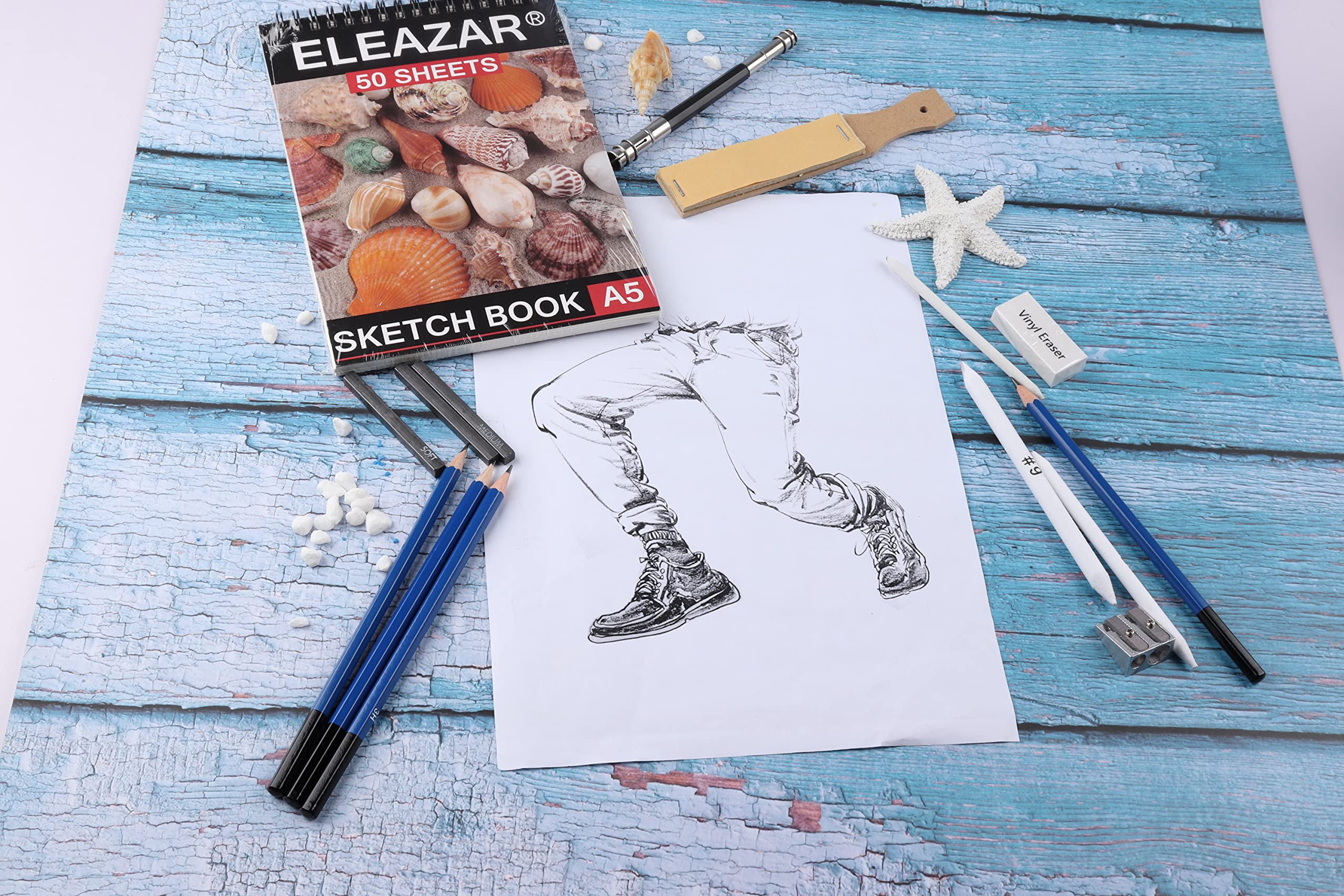 ELEAZAR35 Drawing Pencil Set in a portable zippered case (with 50-page A5 sketchbook) Includes sketching pencils and accessories for children, adults, beginners and professionals
