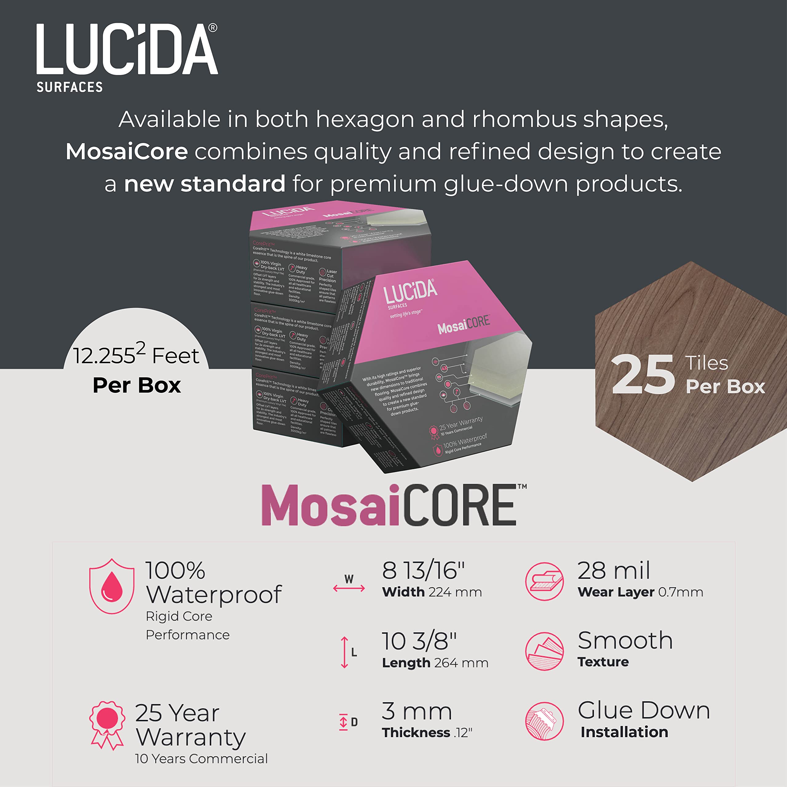 Lucida Surfaces Luxury Vinyl Floor Tiles | Glue Down Adhesive Flooring | Marble Look Hexagon Shaped Tile | MosaiCore | Single Sample Tile