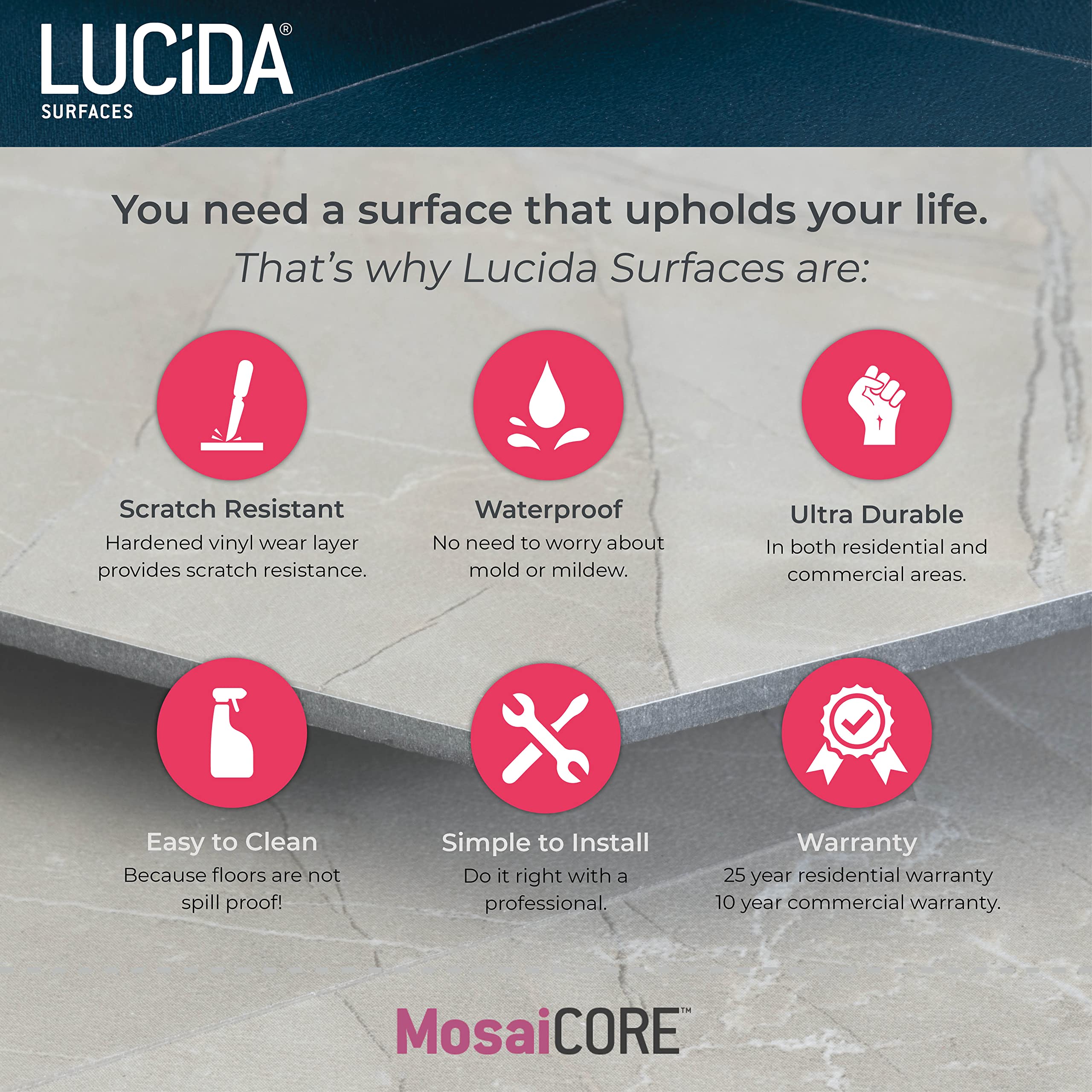 Lucida Surfaces Luxury Vinyl Floor Tiles | Glue Down Adhesive Flooring | Marble Look Hexagon Shaped Tile | MosaiCore | Single Sample Tile