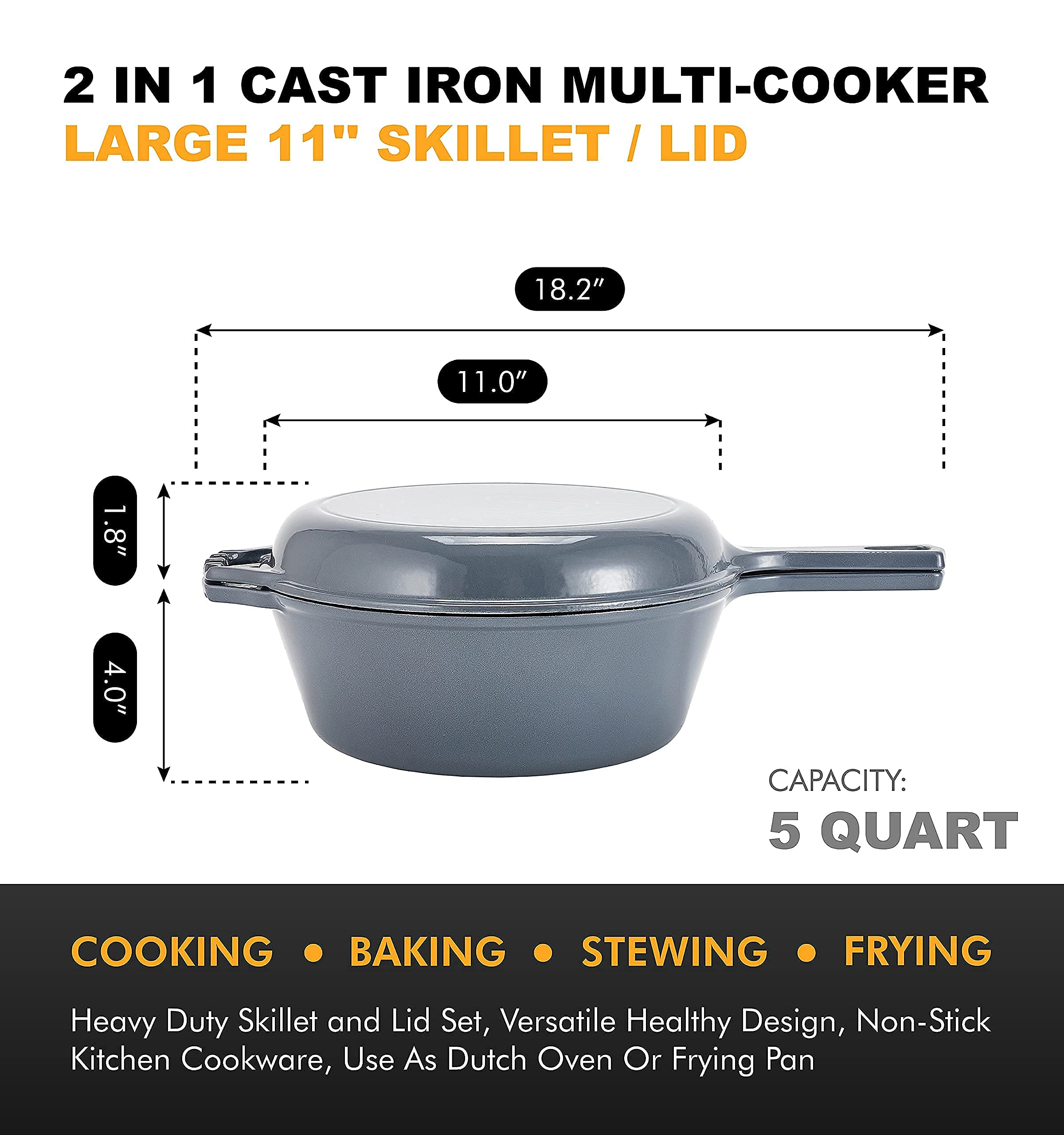 Bruntmor 2-in-1, 5 Quart Enamel Cast Iron Dutch Oven With Handle, 5 Qt Grey Cast Iron Skillet, Enamel All-in-One Cookware Braising Pan For Casserole Dish, Crock Pot Covered With Cast Iron