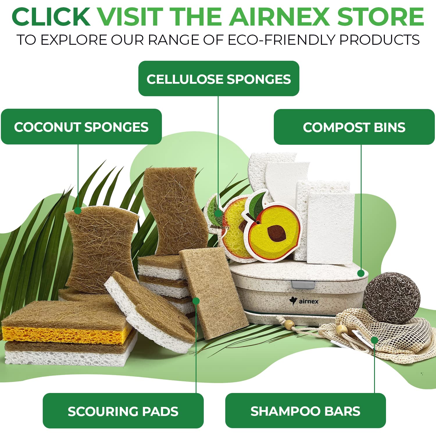 AIRNEX Biodegradable Natural Dish Sponges Kitchen Pack of 12 - Coconut and Cellulose Sponges for Dishes and Surfaces - Eco Friendly Non-Scratch Heavy Duty Dish Scrubber Sponges Bulk for Household