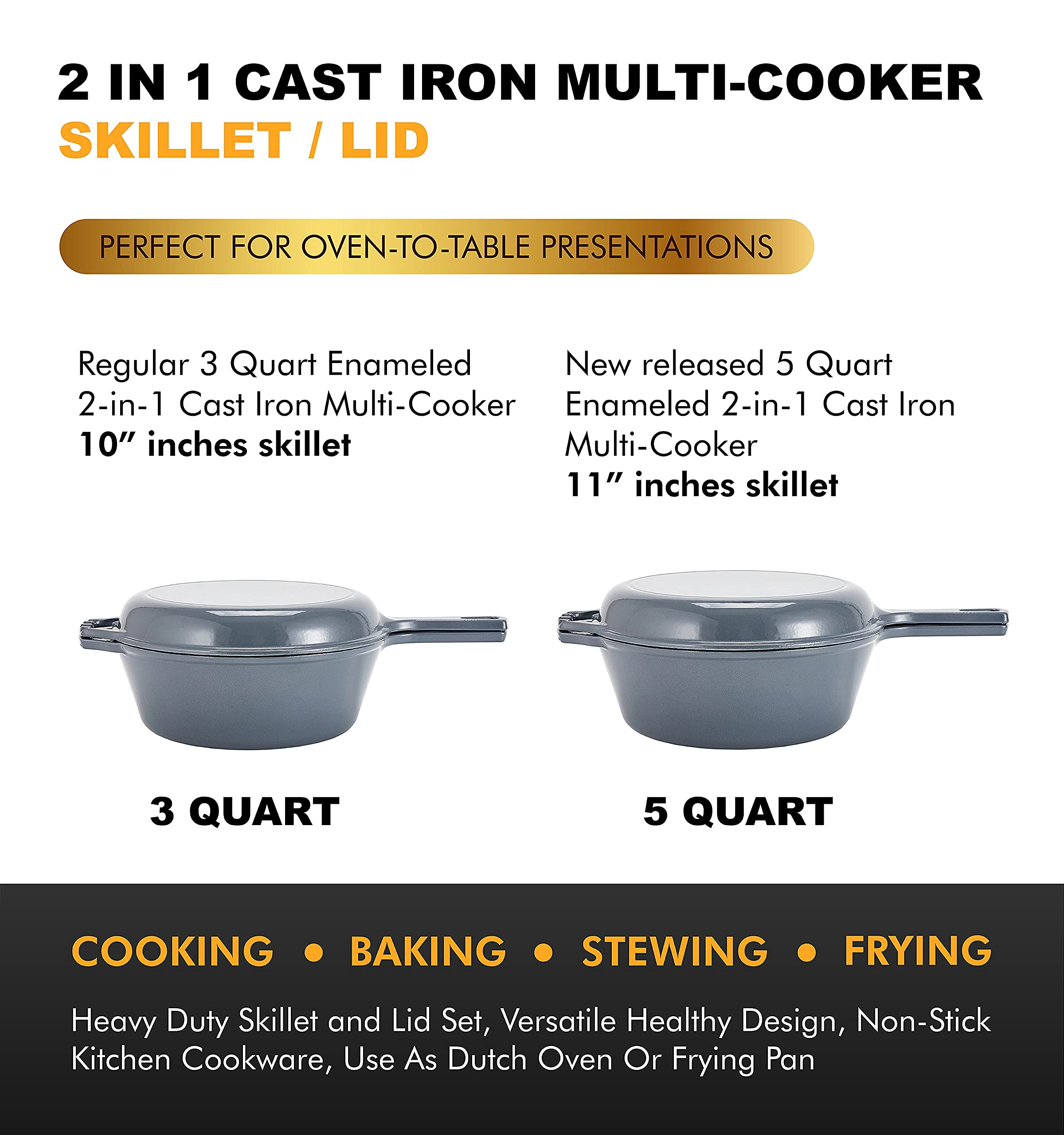 Bruntmor 2-in-1, 5 Quart Enamel Cast Iron Dutch Oven With Handle, 5 Qt Grey Cast Iron Skillet, Enamel All-in-One Cookware Braising Pan For Casserole Dish, Crock Pot Covered With Cast Iron