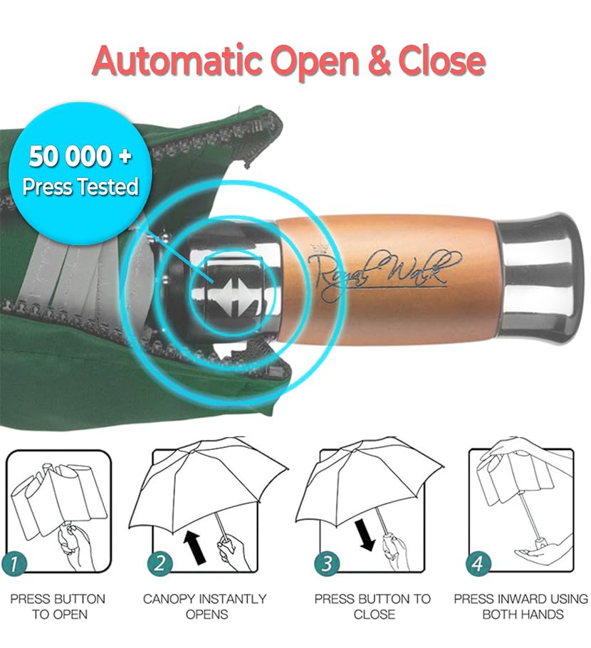 Royal Walk Windproof Folding Travel Umbrella Compact and Strong Luxurious Real Wood Handle Automatic Open Close Vented Double Canopy for Men and Women