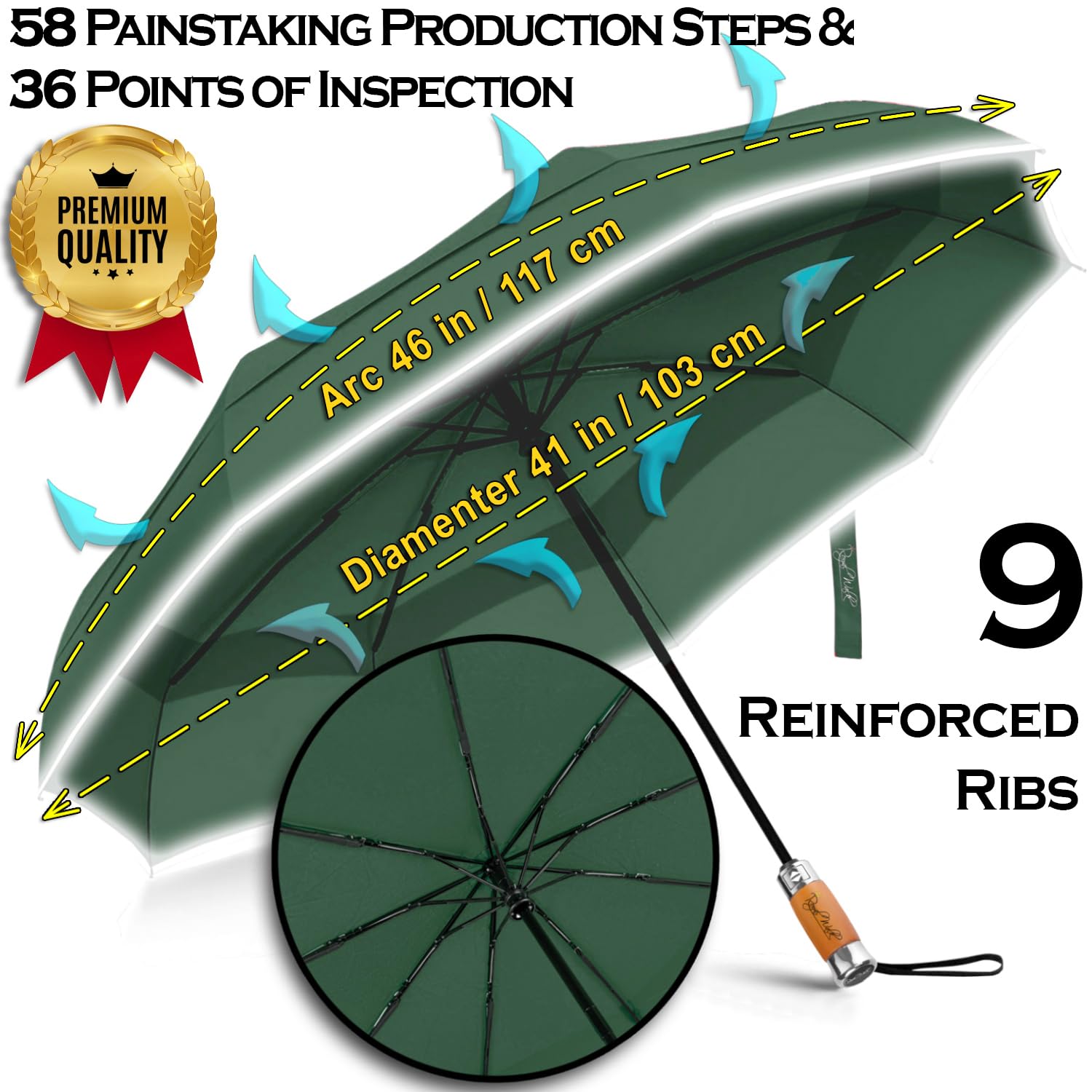 Royal Walk Windproof Folding Travel Umbrella Compact and Strong Luxurious Real Wood Handle Automatic Open Close Vented Double Canopy for Men and Women
