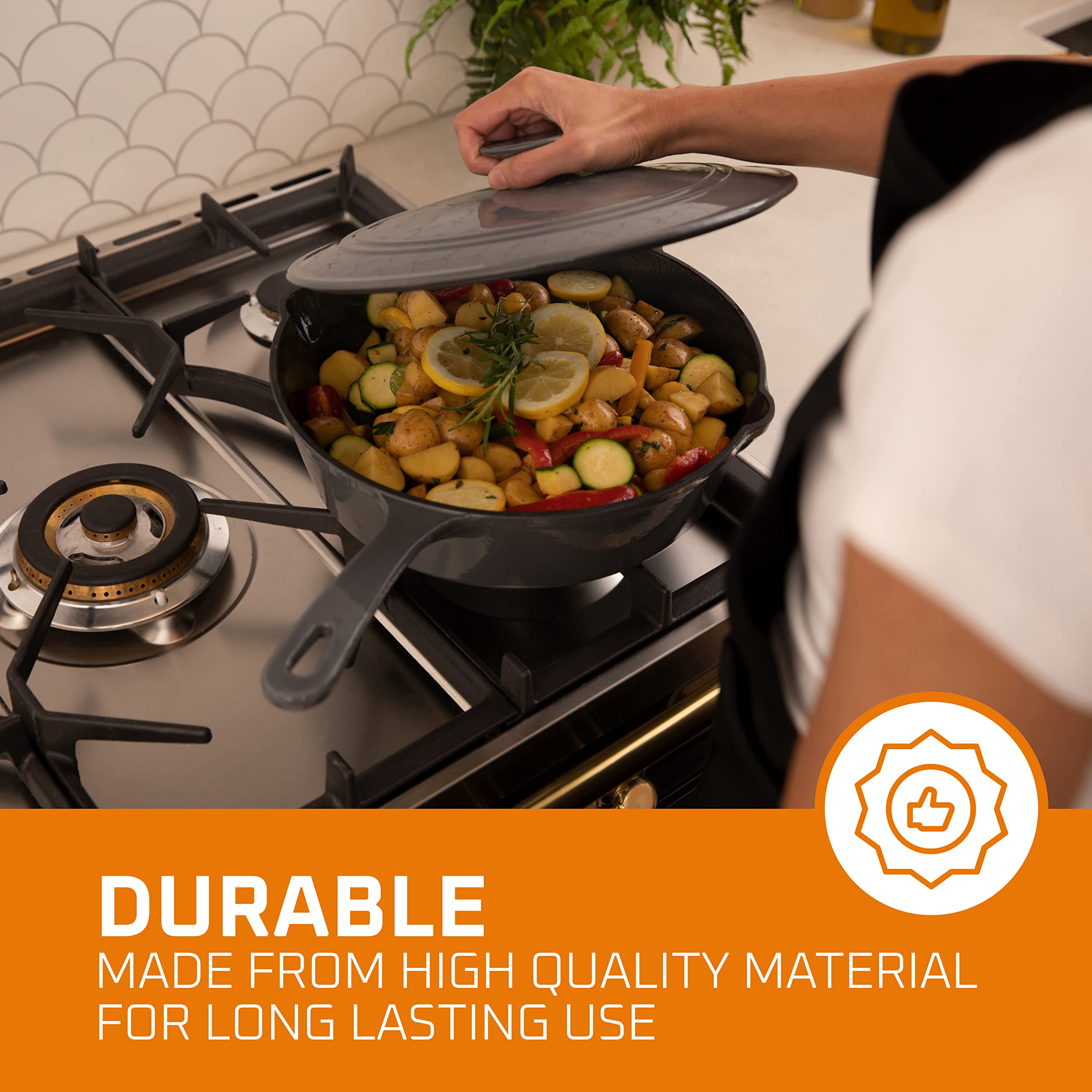 Bruntmor 2-in-1, 5 Quart Enamel Cast Iron Dutch Oven With Handle, 5 Qt Grey Cast Iron Skillet, Enamel All-in-One Cookware Braising Pan For Casserole Dish, Crock Pot Covered With Cast Iron