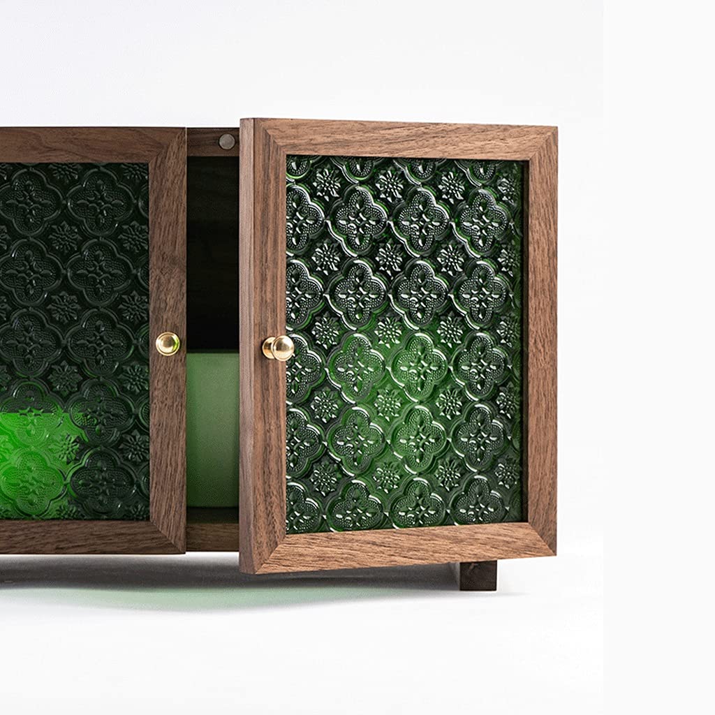 ZYR Cupboard,Retro Small Cabinet with Green Embossed Glass Sideboard Home Wooden Decorative Cabinet Kitchen Bathroom Countertop Cabinet Double Door Pantry Storage