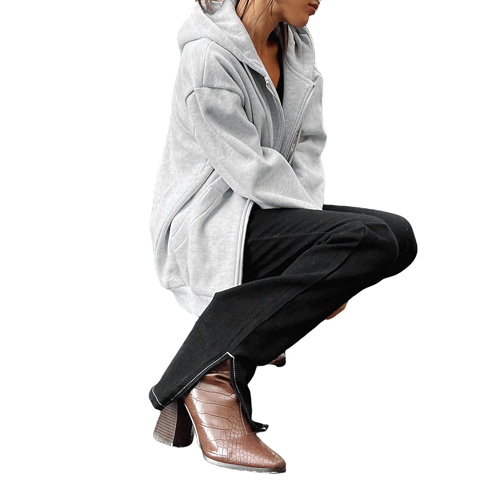 FOMOYUU Womens Oversized Zip Up Hoodie Jacket Baggy Loose Basic Zipper Hooded Sweatshirt Coat (Grey, M)