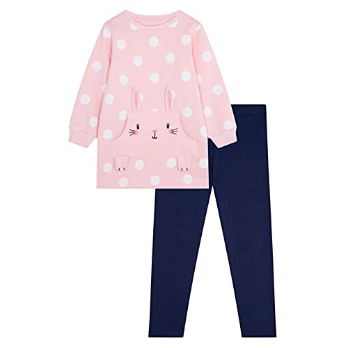 HILEELANG Little Girl Long Sleeve Pants Pink Dot Long Sleeve Pocket T-Shirts Cotton Casual Blue Leggings Outfits Winter Clothing Set Size 6