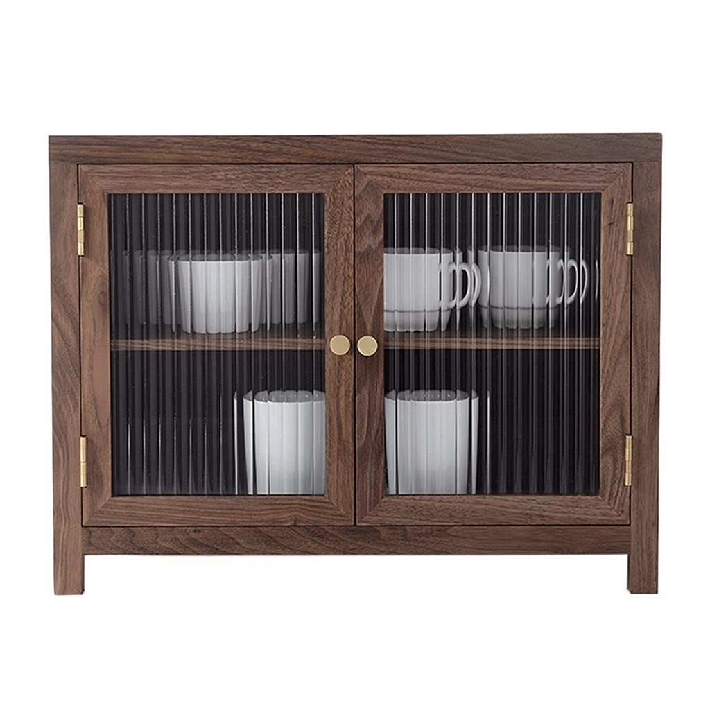 ZYR Desktop Storage Cabinet with Glass Door Sideboard Black Walnut Wood Small Cupboard Home Decoration Cabinet Storage Cabinet Kitchen Bathroom Countertop Cabinet Double Layer