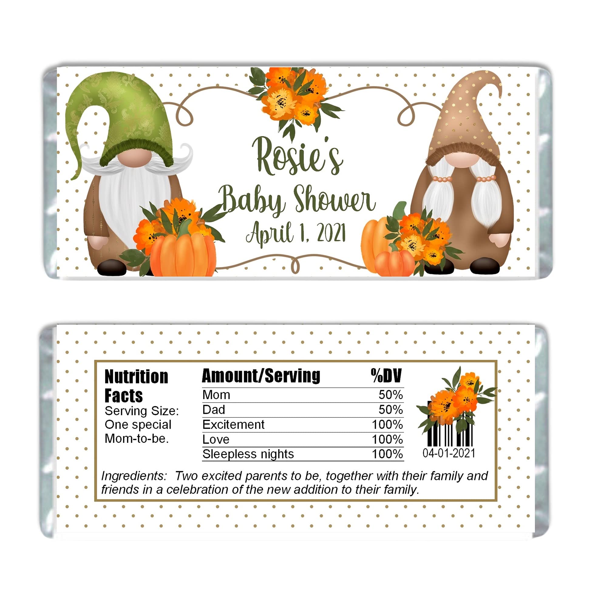 Fall Gnome Candy Bar Wappers, Personalized Label for Chocolate Bar, Party Favor, Pack of 20