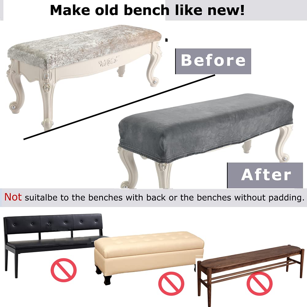 SINOSSO Soft Velvet Shoe Bench Cover, (36.5"- 48") L x (13.8"- 18") W Stretch Washable Dining Bench Upholstered Protector Rectangle Chair Slipcover, (L, Dark Grey)