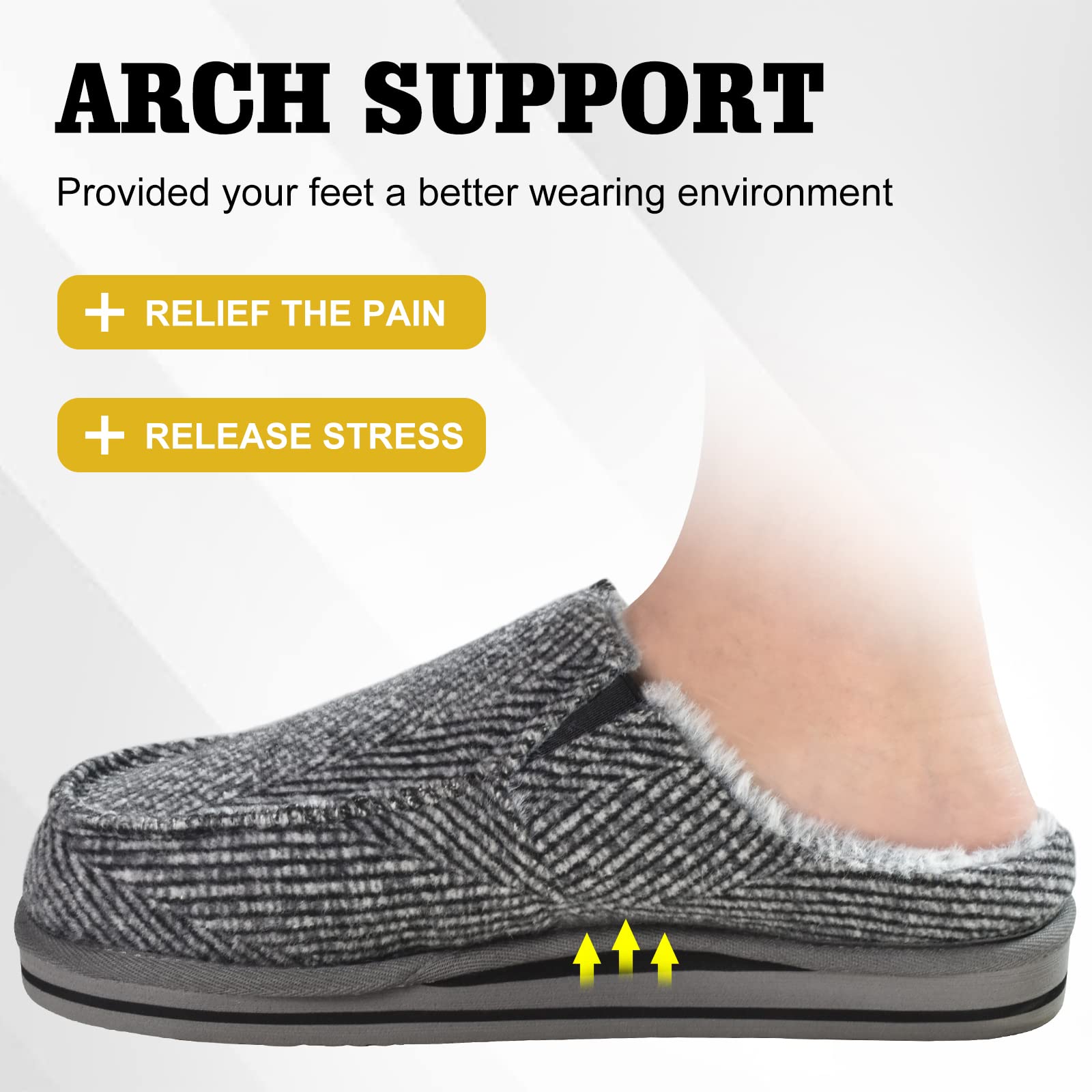 ONCAI Slipper for Men with Arch Support,Cotton-Blend Memory Foam House Slippers for Men Warm Strips Fluff Plush Wool-like Clogs with Rubber Sole Grey Size 10