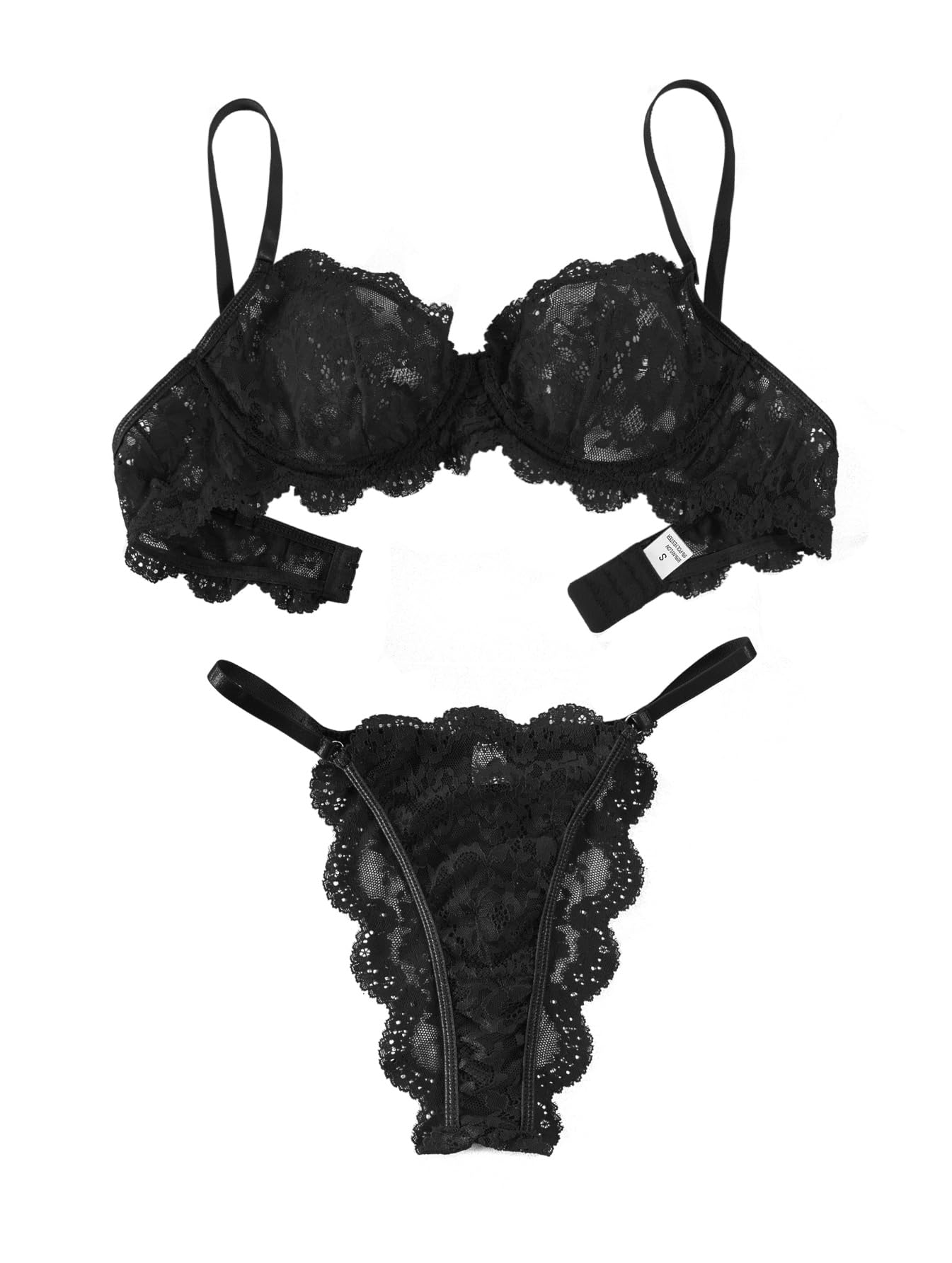 Lilosy Scallop Sexy Underwire Push Up Floral Lace Sheer Lingerie Set for Women See Through Bra and Panty 2 Piece Black Medium