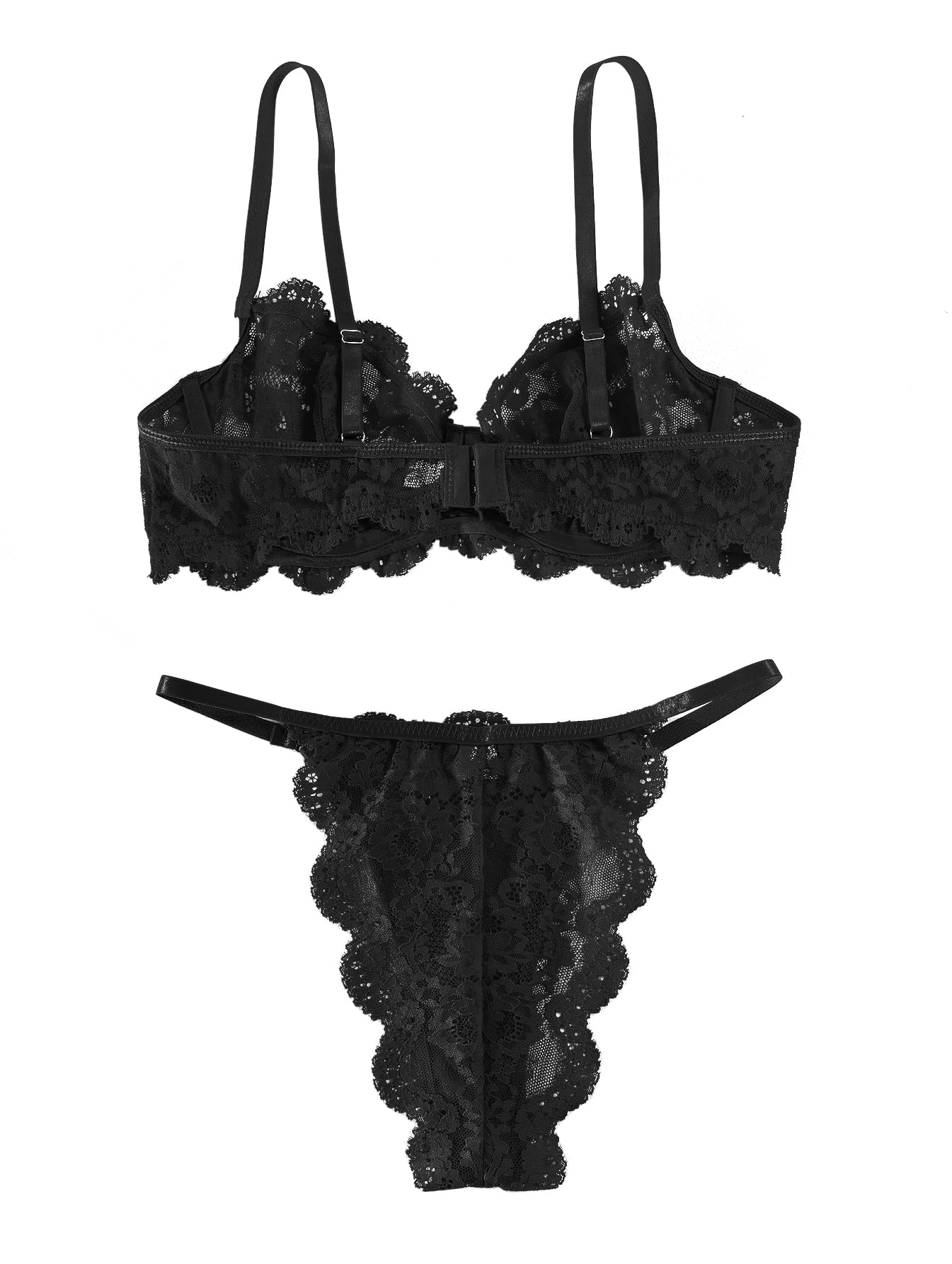 Lilosy Scallop Sexy Underwire Push Up Floral Lace Sheer Lingerie Set for Women See Through Bra and Panty 2 Piece Black Medium