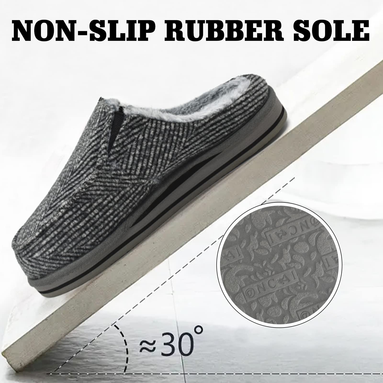 ONCAI Slipper for Men with Arch Support,Cotton-Blend Memory Foam House Slippers for Men Warm Strips Fluff Plush Wool-like Clogs with Rubber Sole Grey Size 10