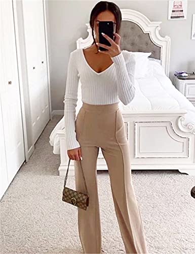 FANCYINN Womens Casual Bootcut Ease Into Pants Stretchy Bell Bottom Flare Palazzo with Tummy Control Trousers Khaki XL