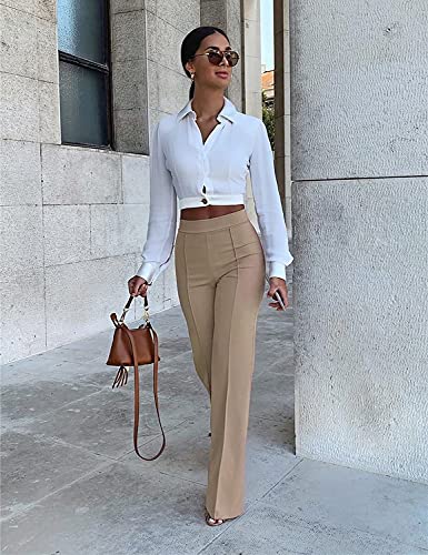 FANCYINN Womens Casual Bootcut Ease Into Pants Stretchy Bell Bottom Flare Palazzo with Tummy Control Trousers Khaki XL