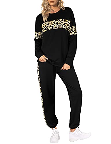 Two Piece Outfits for Women Jogging Suit Leopard Sweatpants Sets Black XXL