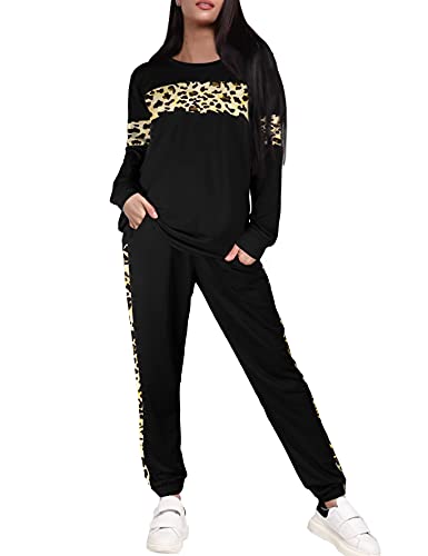 Two Piece Outfits for Women Jogging Suit Leopard Sweatpants Sets Black XXL