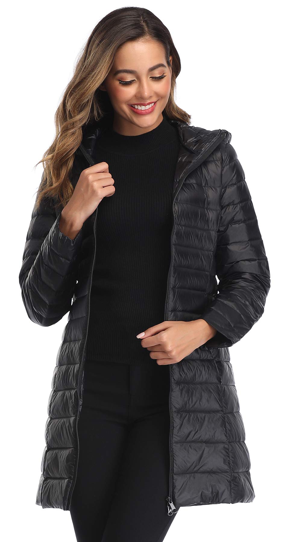 Obosoyo Women's Winter Packable Down Jacket Plus Size Ultralight Long Down Outerwear Puffer Jacket Hooded Coat (Black, XXX-Large)