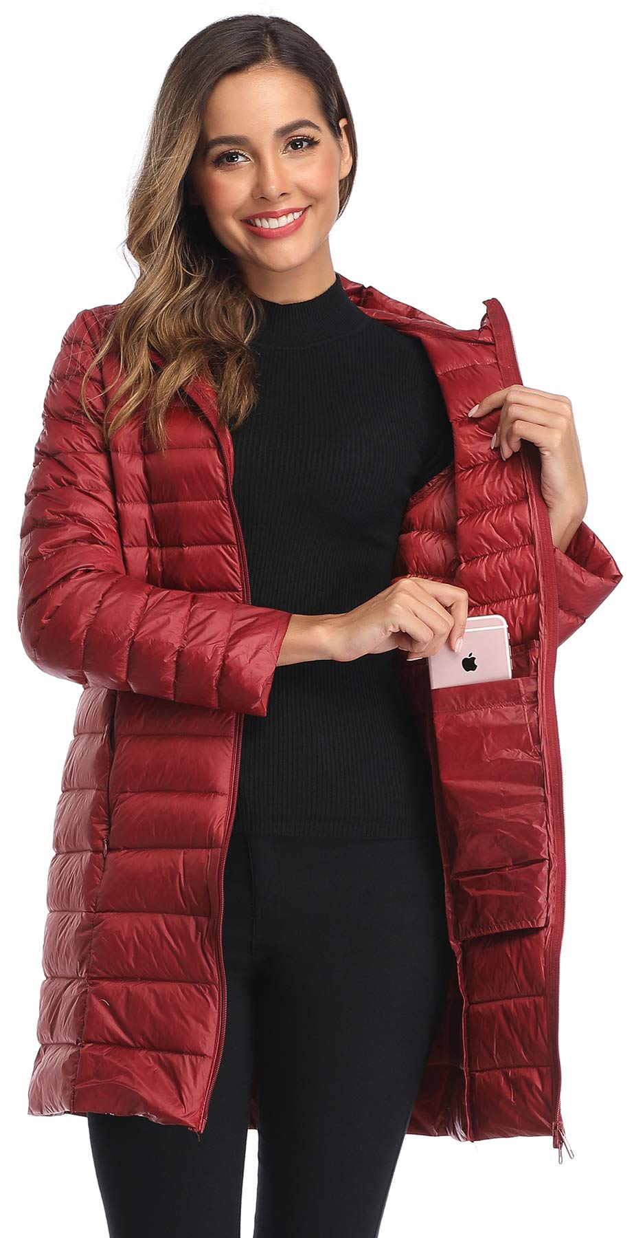 Obosoyo Women's Winter Packable Down Jacket Plus Size Ultralight Long Down Outerwear Puffer Jacket Hooded Coat (Black, XXX-Large)