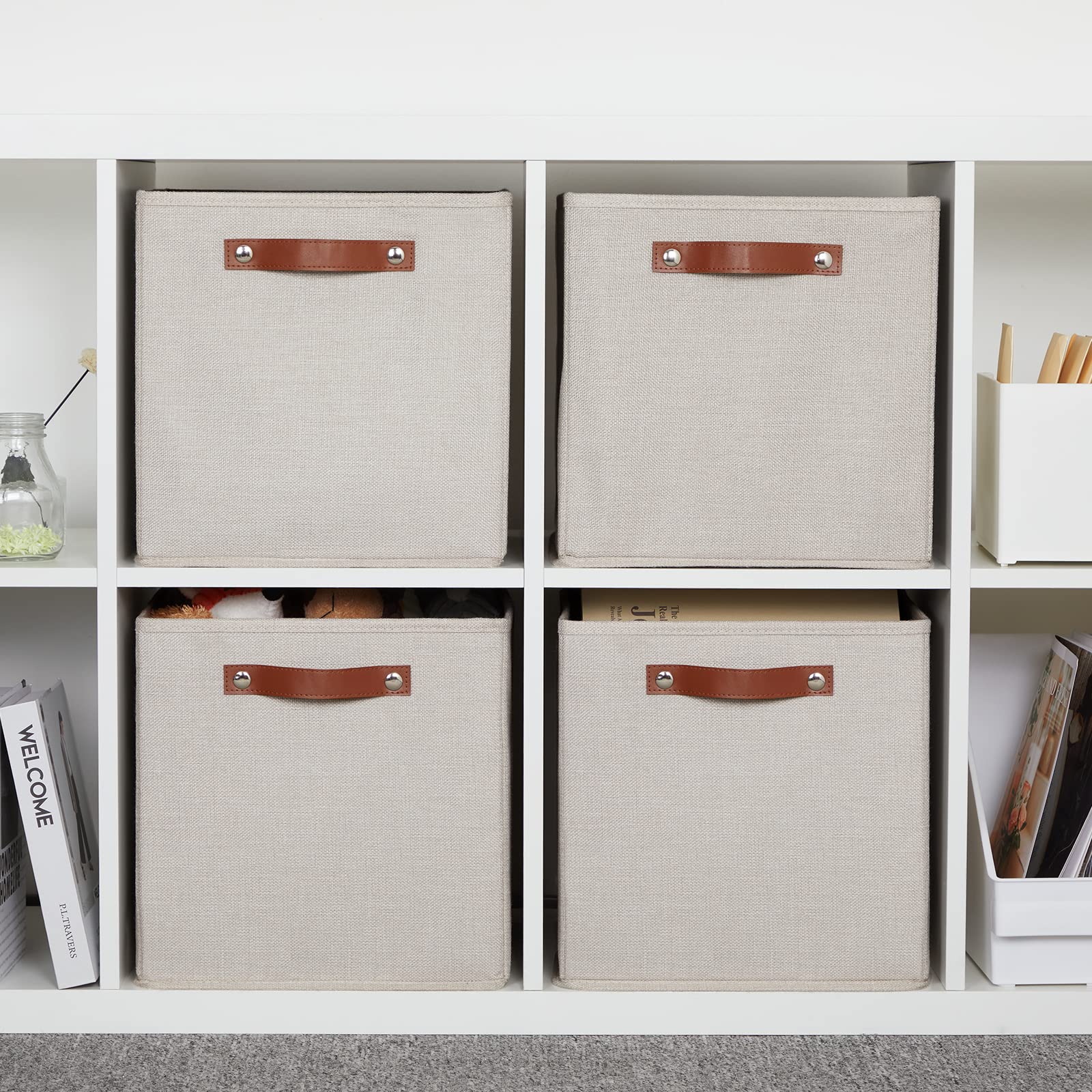 DULLEMELO 12inch Cube Storage Baskets for Shelves Closet Storage,Sturdy Home Organization Bins for Gifts Empty,Foldable Fabric Storage Cubes Baskets for Nursery Toys Clothes Storage(Beige-4 Pack)