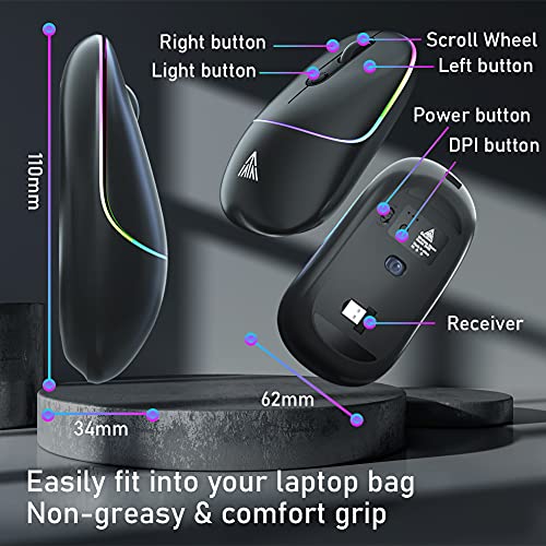 SOLAKAKA RGB 2.4GHz Wireless Mouse, Slim Portable Cordless Silent Laptop Office Mouse, Rechargeable USB PC Computer Mice, Black