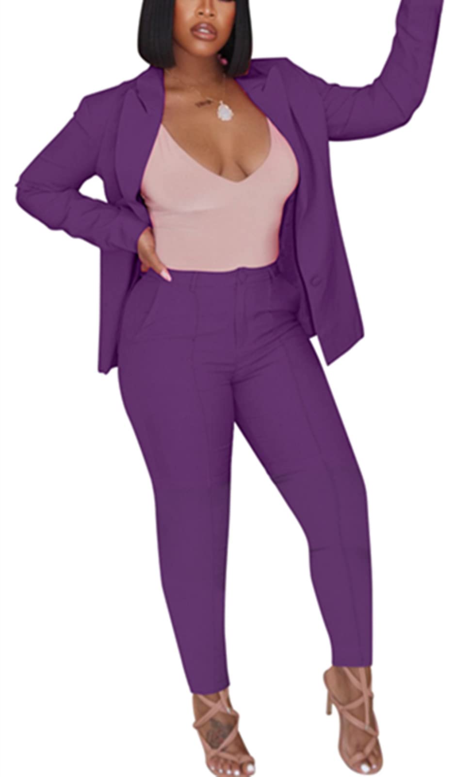 Women's 2 Piece Outfit Deep V Long Sleeve Solid Color Blazer with Pants Elegant Business Suit Sets Purple