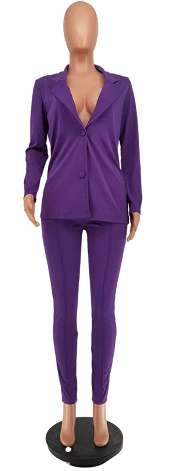 Women's 2 Piece Outfit Deep V Long Sleeve Solid Color Blazer with Pants Elegant Business Suit Sets Purple