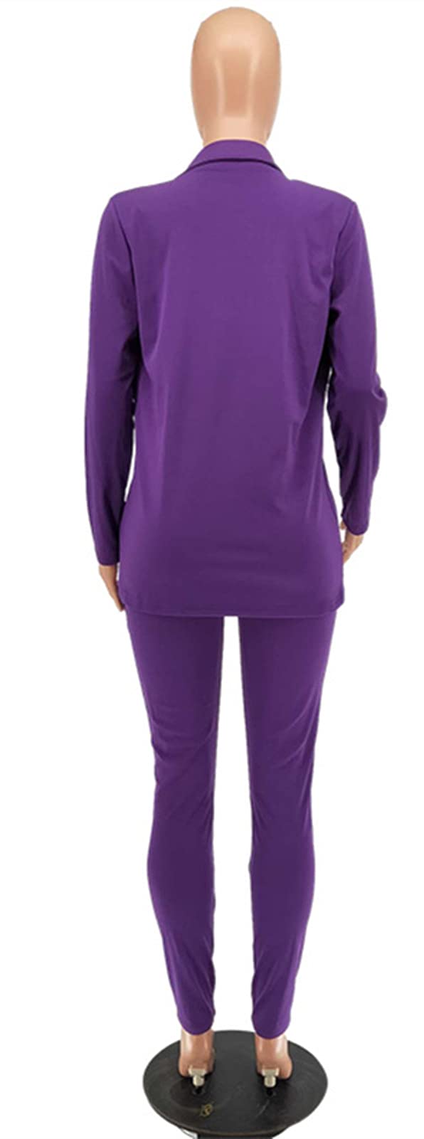 Women's 2 Piece Outfit Deep V Long Sleeve Solid Color Blazer with Pants Elegant Business Suit Sets Purple