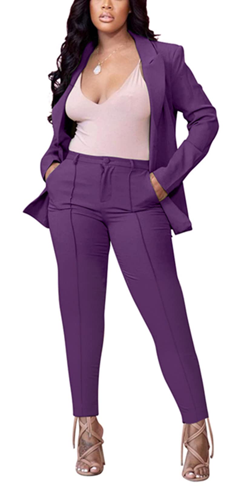 Women's 2 Piece Outfit Deep V Long Sleeve Solid Color Blazer with Pants Elegant Business Suit Sets Purple