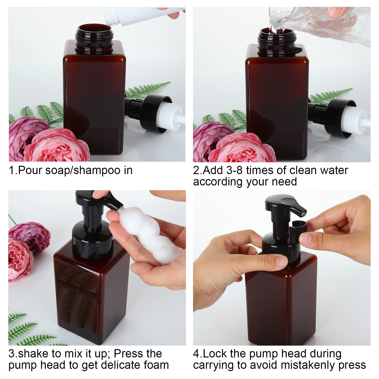 RHBLME 6 Pack Foaming Soap Dispenser with Pump, 15oz 450ml Refillable Pump Bottle Plastic, Empty Foaming Hand Soap Dispenser, for Storing Shampoo, Hair Conditioner, Liquid Hand Soap, Various Lotions