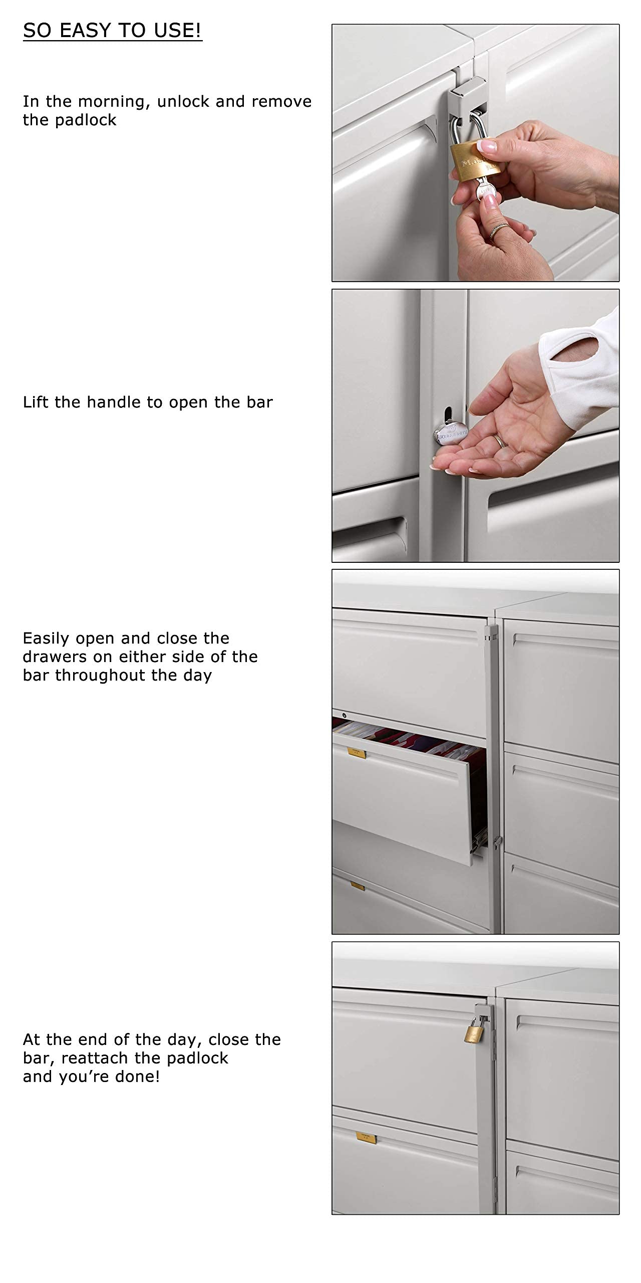 Guardianite File Cabinet Locking Bar. Fits 4 Drawer File Cabinets. Includes Padlock and Cobalt Drill Bit. (Beige)