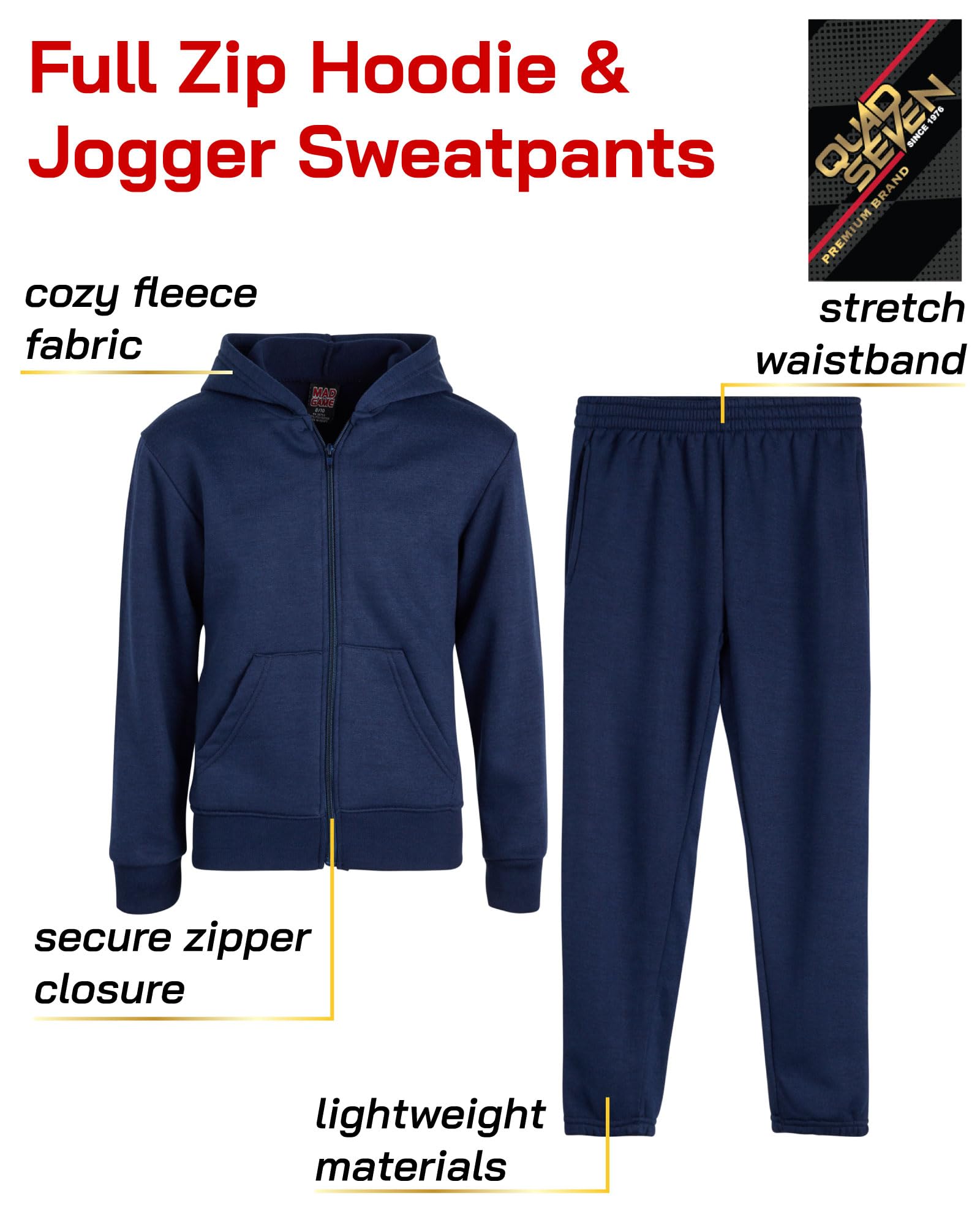 Quad Seven Boys' Fleece Jogger Set - 2 Piece Basic Solid Full Zip Hoodie and Sweatpants for Boys (Size: 8-18), Size 8-10, Navy