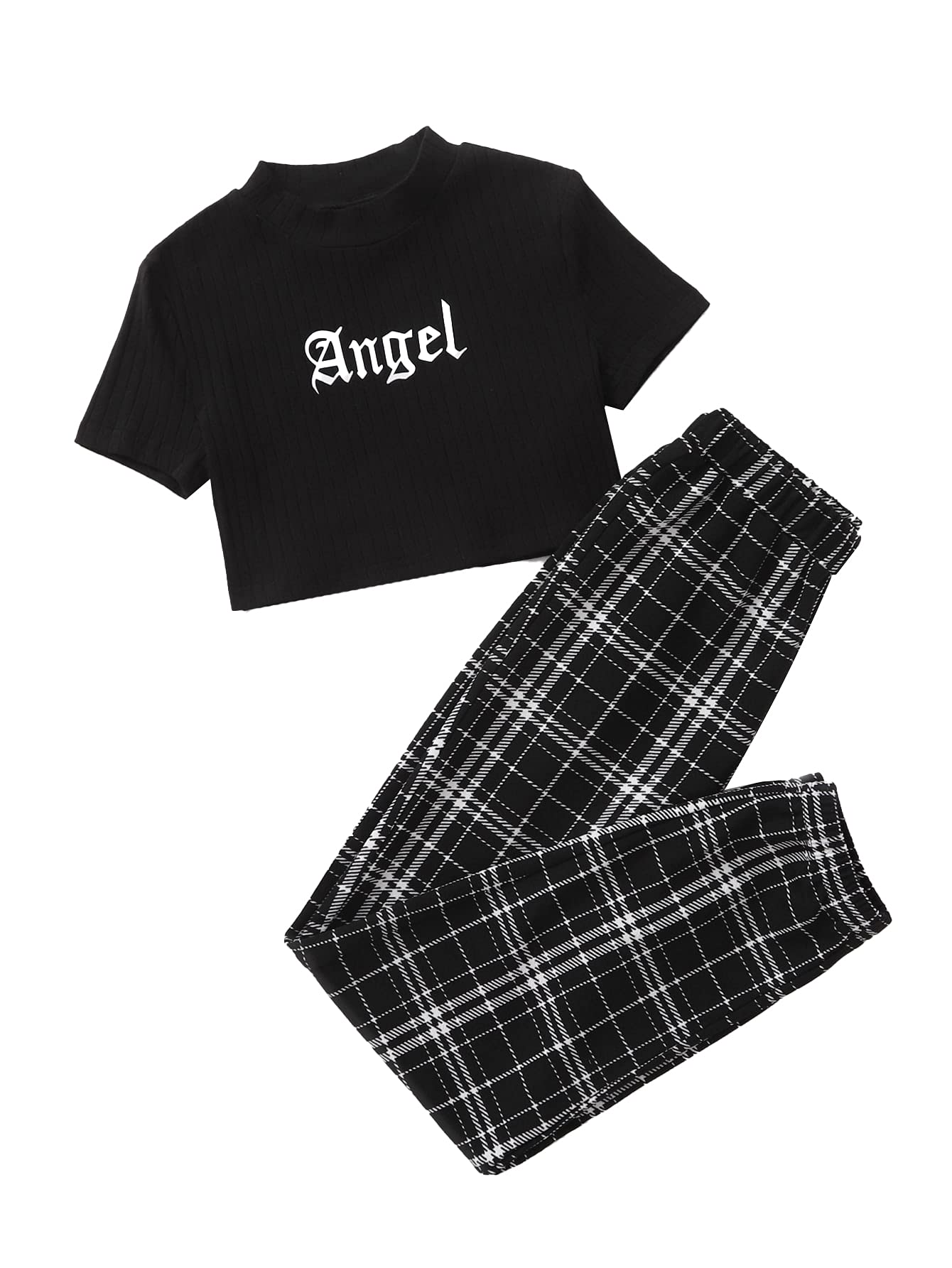 SOLY HUX Girl's Letter Print Short Sleeve Tee Top and Plaid Pants Set 2 Piece Outfits Black 11-12Y