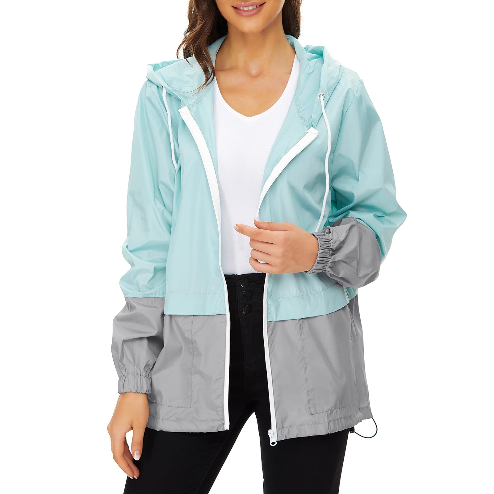 Plus Women's Color Block Drawstring Jackets with Hood Lightweight Active Outdoor Rain Coat Light Blue/ Grey X-Large