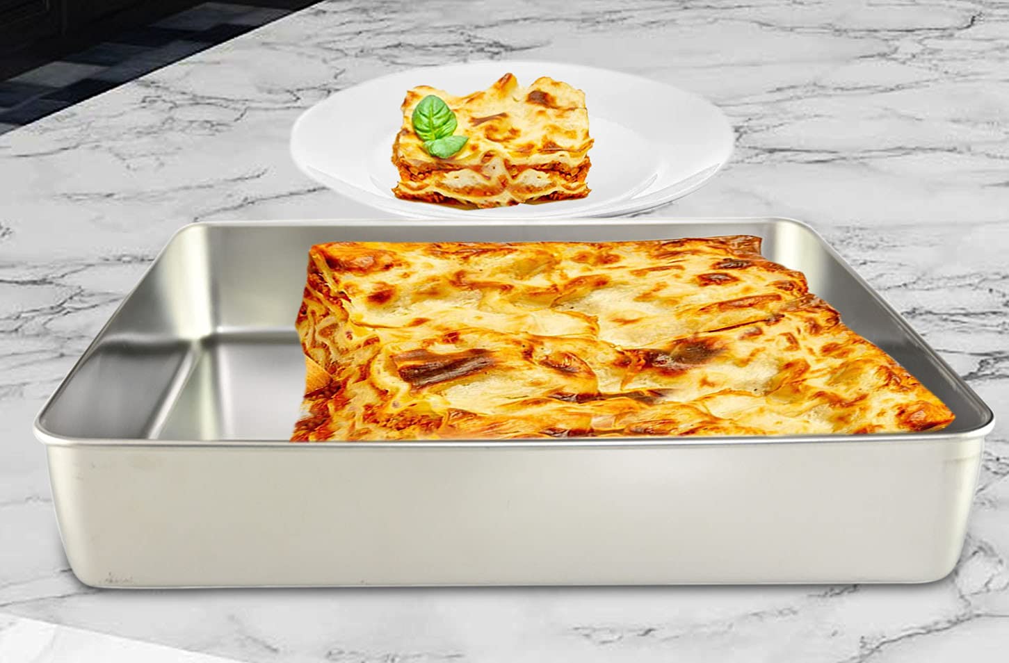 Home-X Stainless-Steel Cake Pan with Lid, Rectangular Cake Pan With Lid, Baking Tray for Cakes, Oven-Safe Pan, Large Metal Baking Pan, 13" L x 11" W x 2 ½” D, Stainless Steel