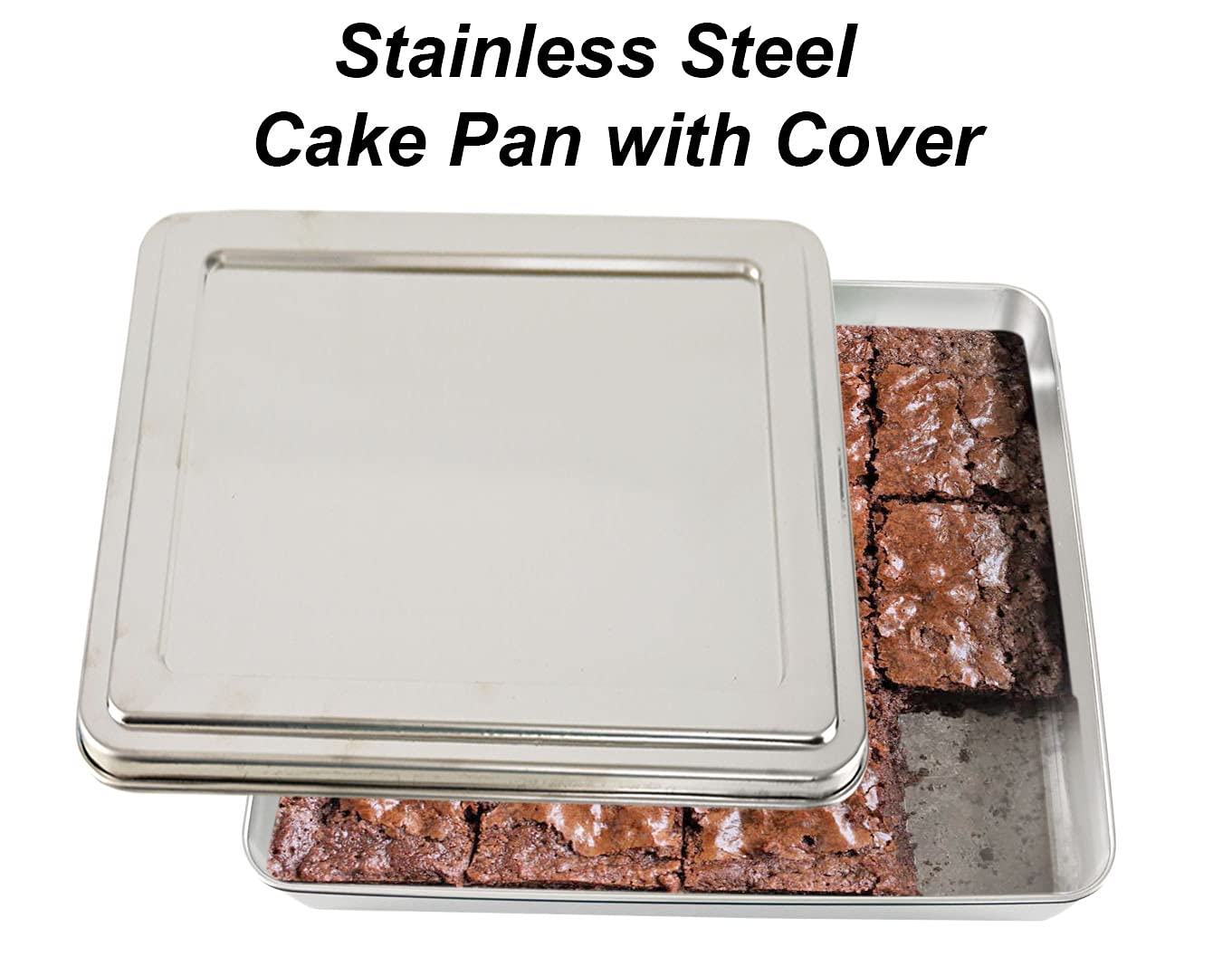Home-X Stainless-Steel Cake Pan with Lid, Rectangular Cake Pan With Lid, Baking Tray for Cakes, Oven-Safe Pan, Large Metal Baking Pan, 13" L x 11" W x 2 ½” D, Stainless Steel