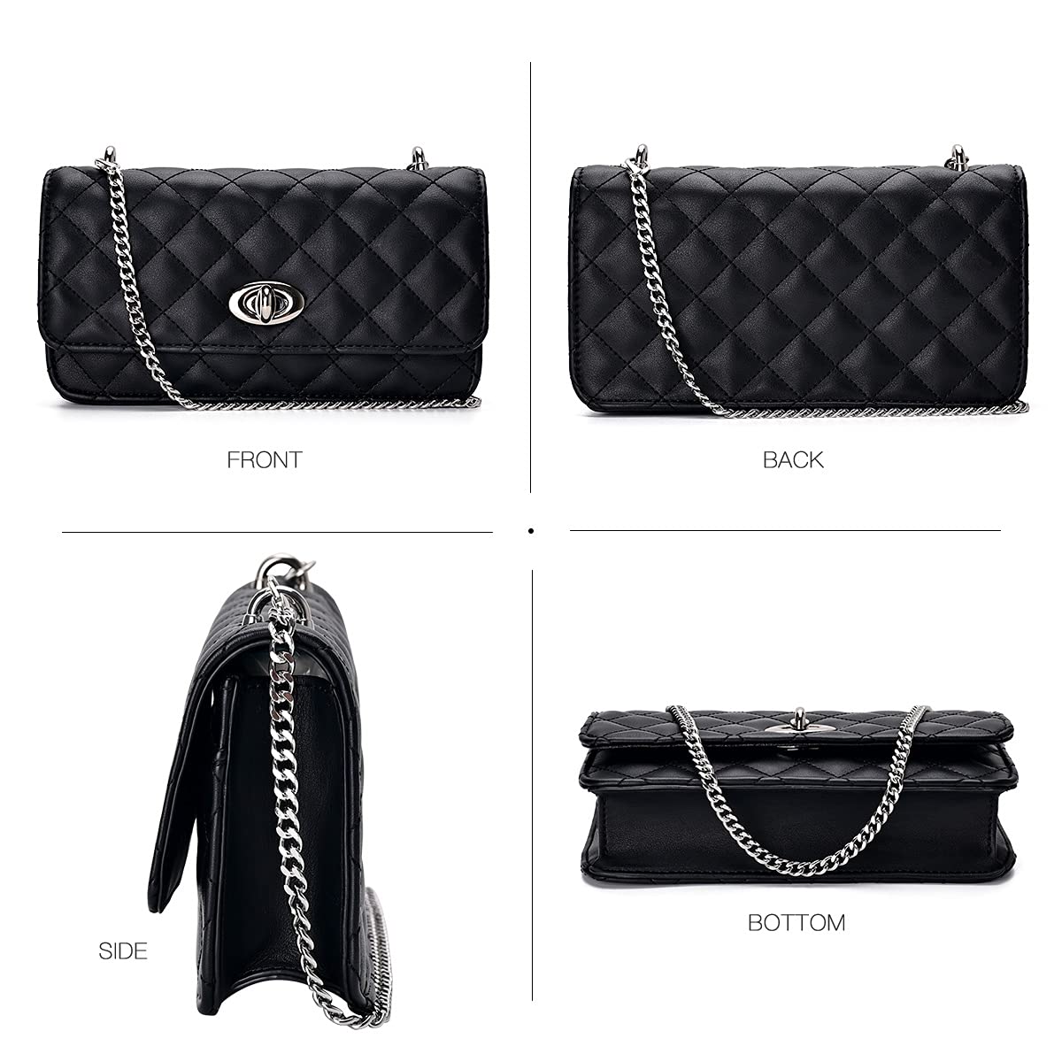 GM LIKKIE Clutch Purse for Women, Evening Envelope Quilted Wallet Bag, Crossbody Foldover Pearl Wedding Shoulder Handbag (Black)