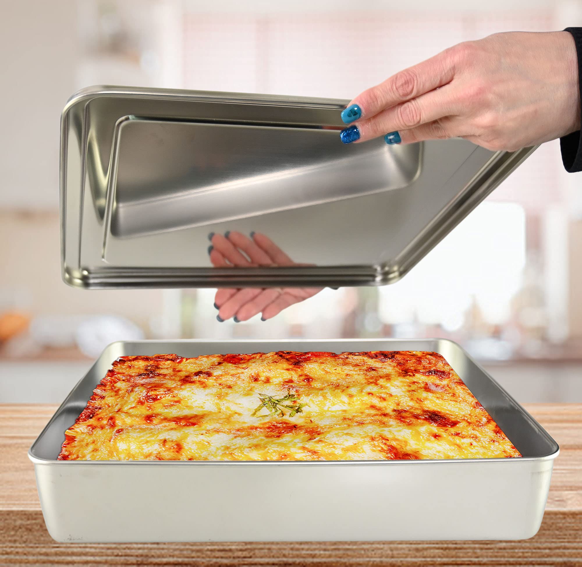 Home-X Stainless-Steel Cake Pan with Lid, Rectangular Cake Pan With Lid, Baking Tray for Cakes, Oven-Safe Pan, Large Metal Baking Pan, 13" L x 11" W x 2 ½” D, Stainless Steel