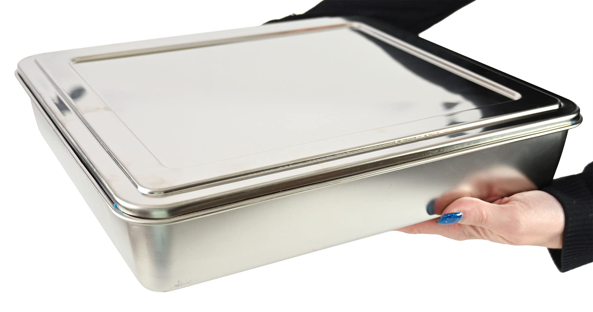 Home-X Stainless-Steel Cake Pan with Lid, Rectangular Cake Pan With Lid, Baking Tray for Cakes, Oven-Safe Pan, Large Metal Baking Pan, 13" L x 11" W x 2 ½” D, Stainless Steel